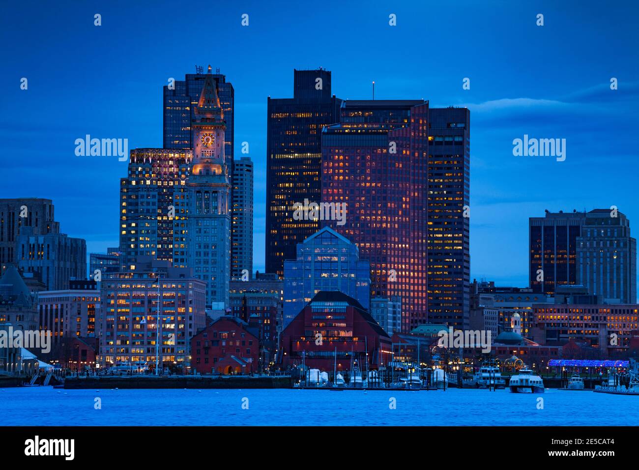 Dusk photo of Boston downtown from Main channel with marina and ...