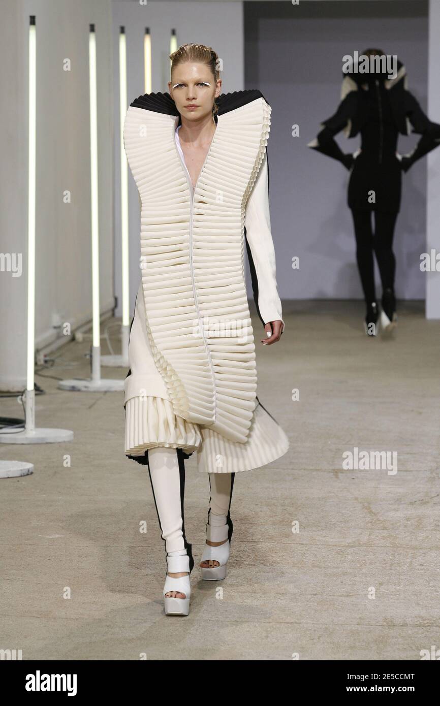 A model displays a creation by designer Gareth Pugh for his Spring ...