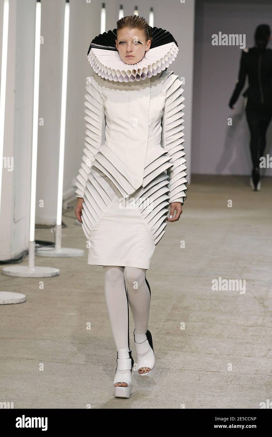 A model displays a creation by designer Gareth Pugh for his Spring ...