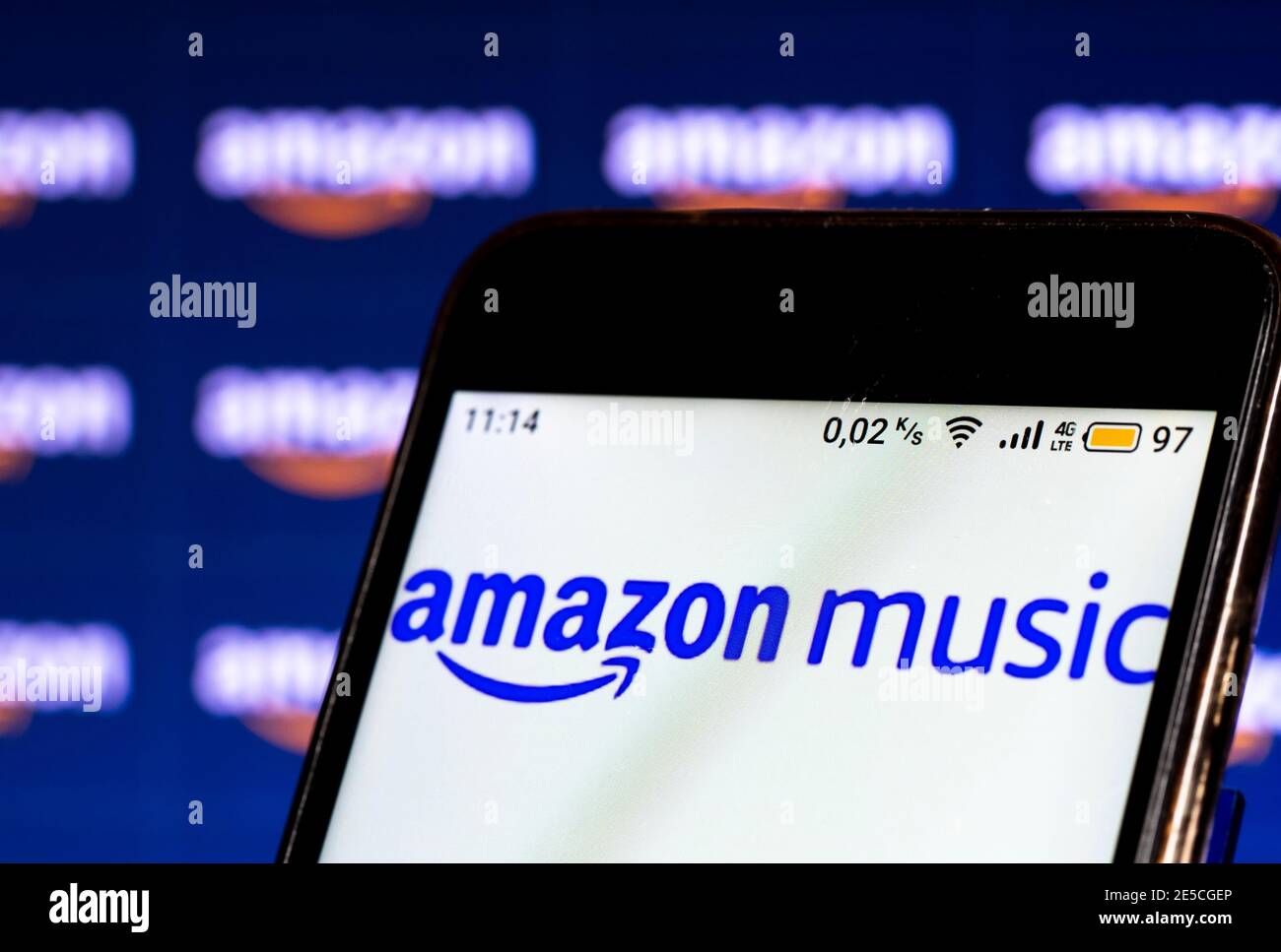 In this photo illustration an Amazon Music logo seen displayed on a ...