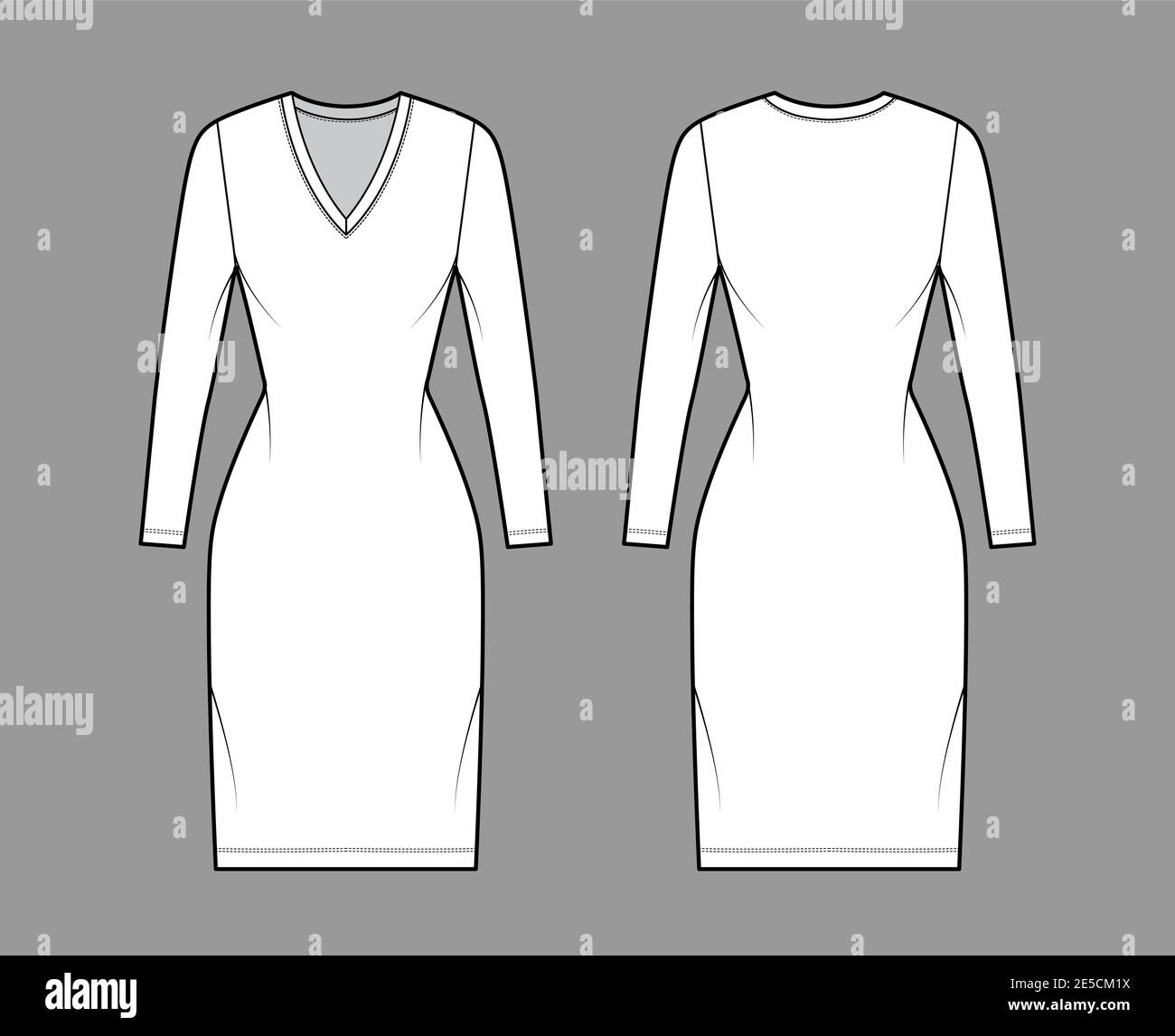T Shirt Dress Technical Fashion Illustration With V Neck Long Sleeves