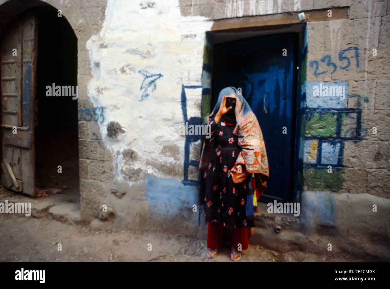 Sana'a Yemen Veiled Woman Waving Wearing Sana'ani Sitrah dress with ...