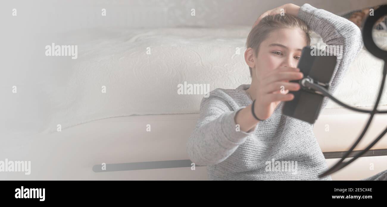 beautiful boy teenager making selfie and enjoy blogging for social ...