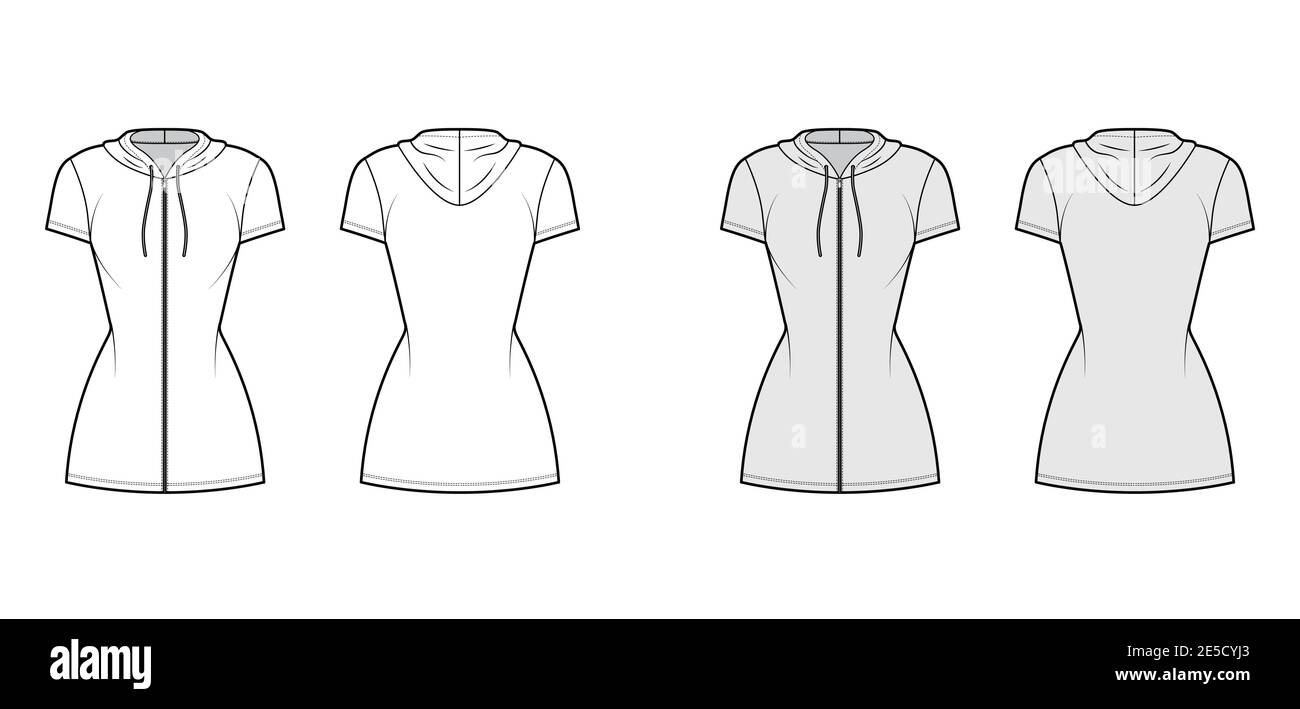 Hoodie zip-up dress technical fashion illustration with short sleeves ...