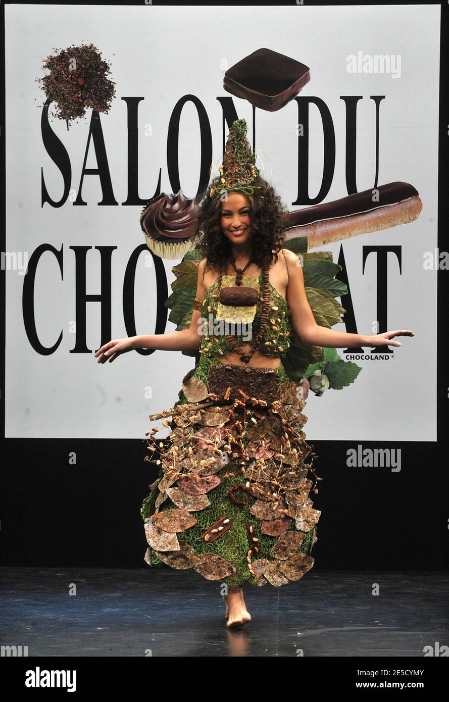 Anne-Laure Girbal displays a chocolate creation at the opening show of ...