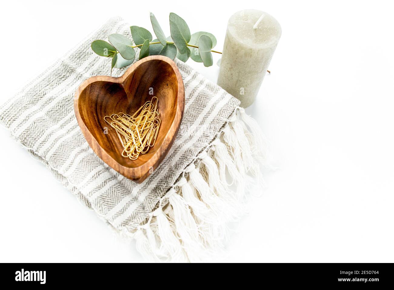 eucalyptus green, candle, leaves isolated on white background. flat lay ...