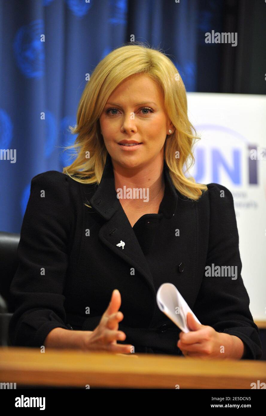 South African actress Charlize Theron speaks at a press conference ...