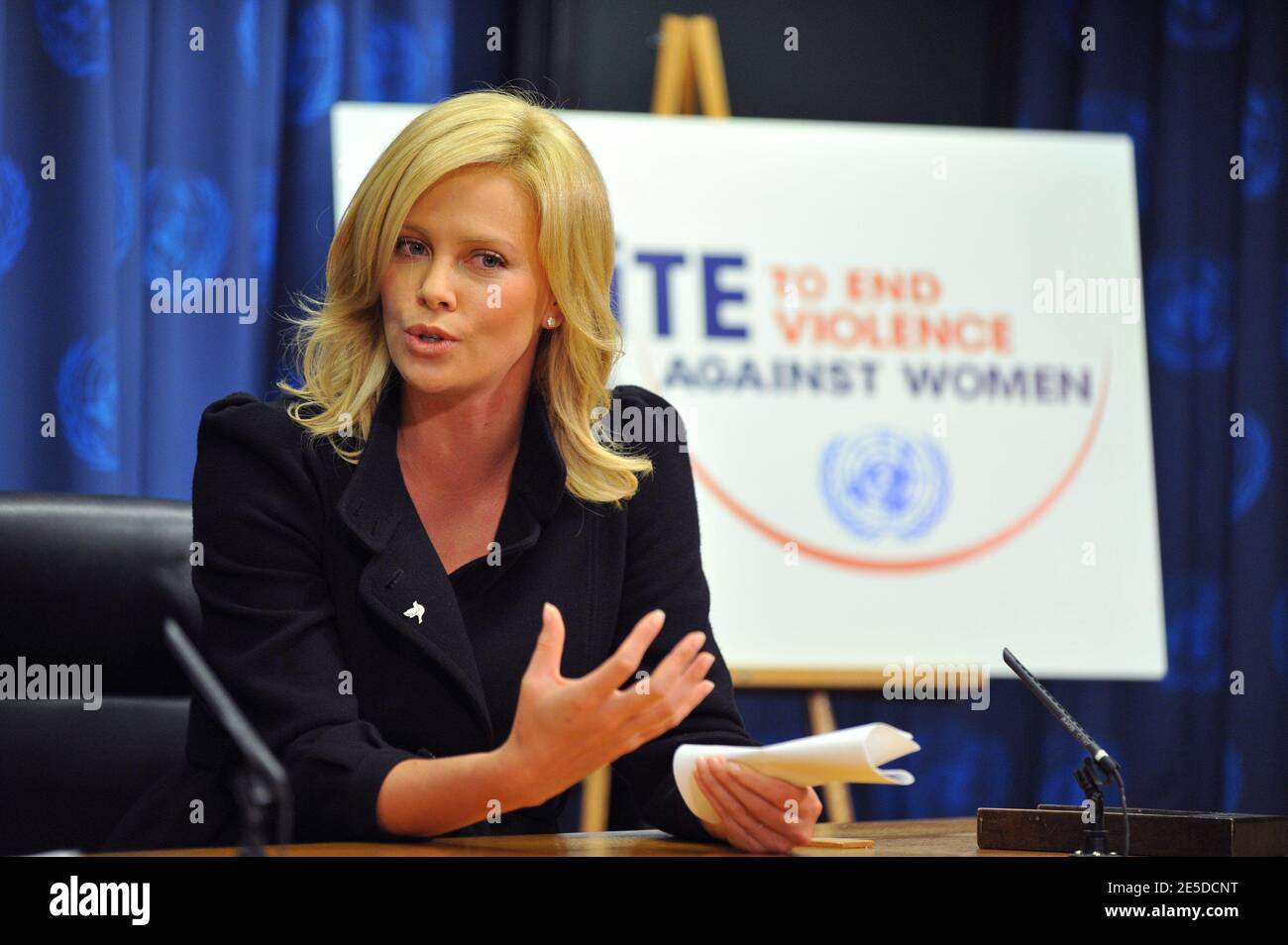 South African actress Charlize Theron speaks at a press conference ...