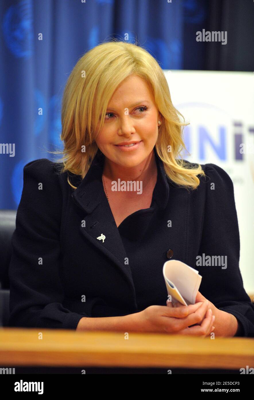 South African actress Charlize Theron speaks at a press conference ...