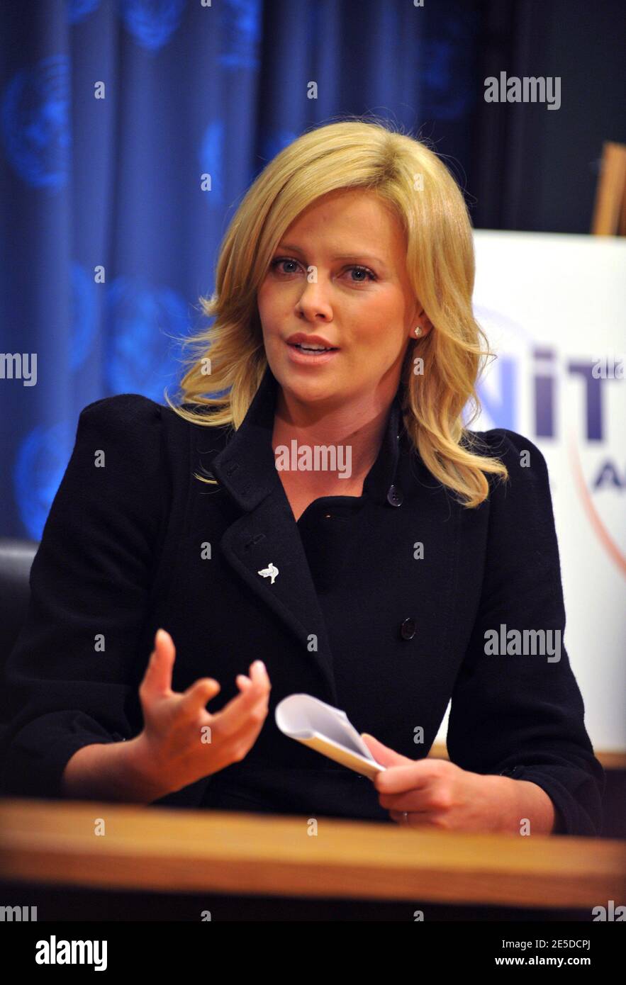 South African actress Charlize Theron speaks at a press conference ...