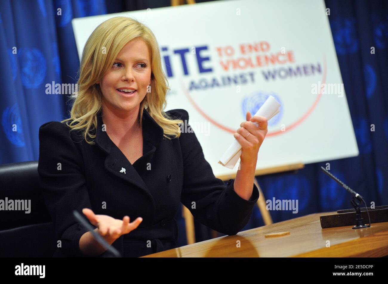 South African actress Charlize Theron speaks at a press conference ...