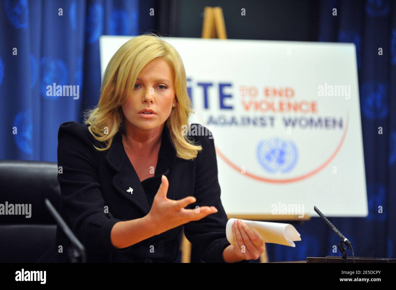 South African actress Charlize Theron speaks at a press conference ...