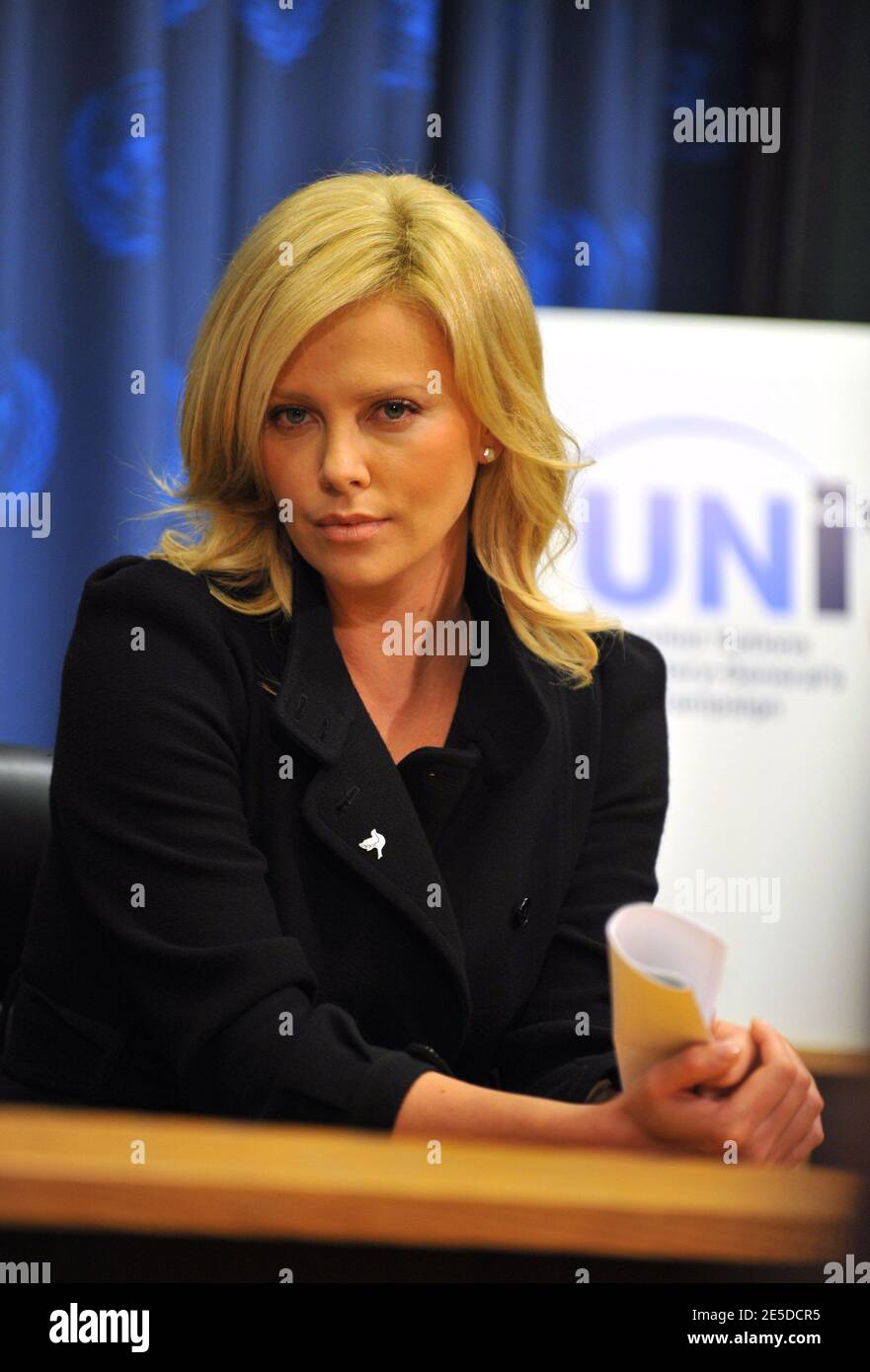 South African actress Charlize Theron speaks at a press conference ...