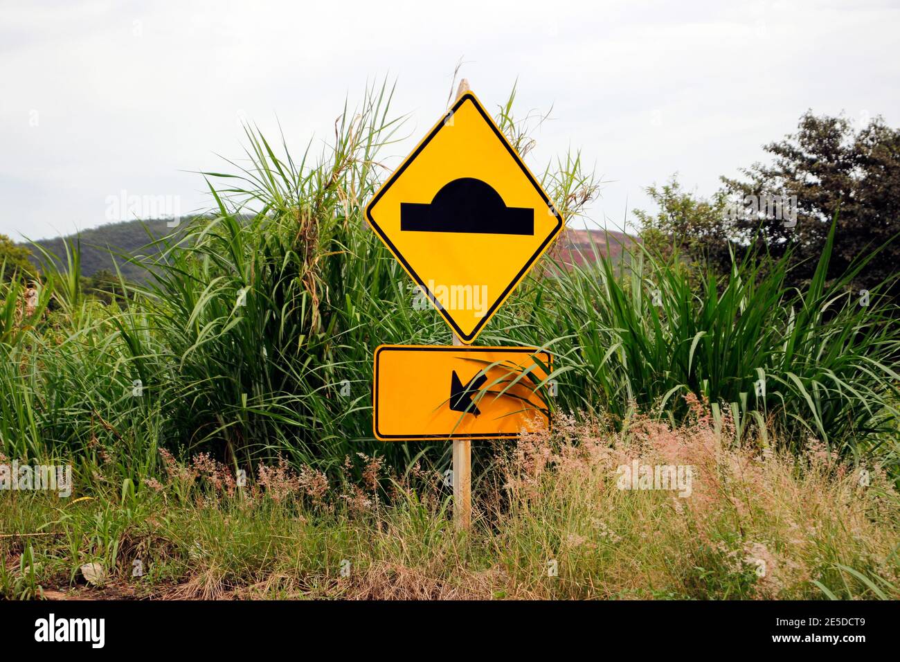 yellow traffic sign indicating speed reducer on the track - bump ...