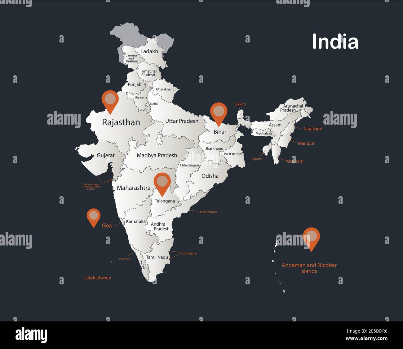 India map, Infographics flat design colors snow white, with names of ...