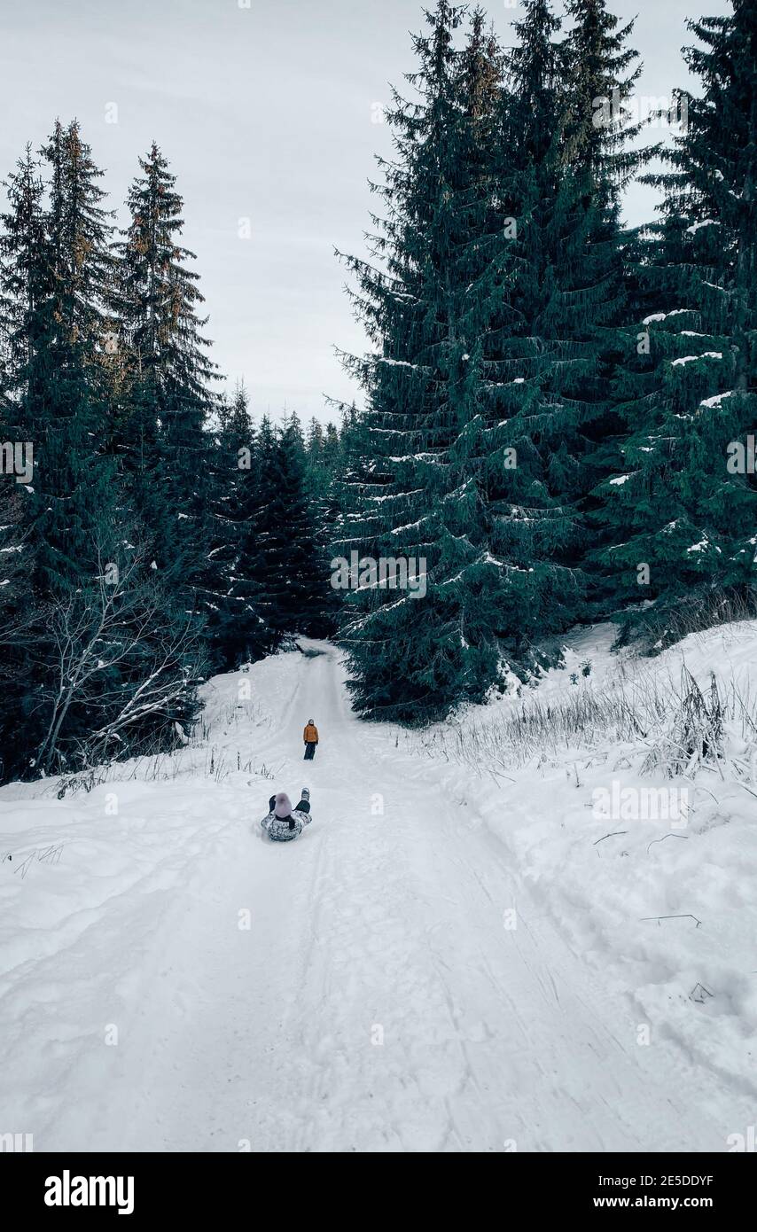 Two children sledding down a mountain, Bulgaria Stock Photo - Alamy