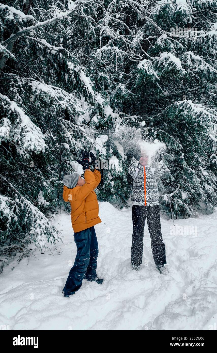 Two children having a snowball fight in mountains, Bulgaria Stock Photo ...