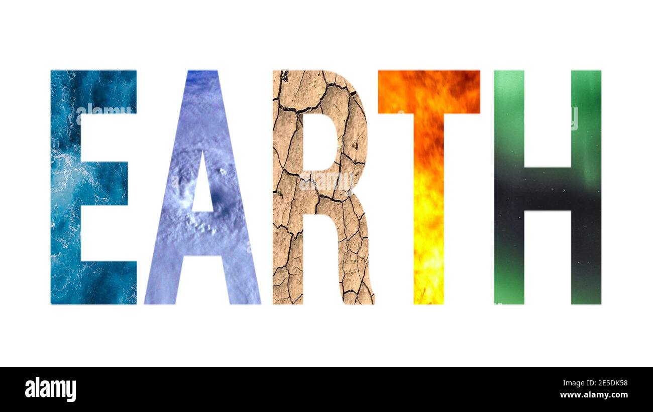 Planet Earth Text with Fire Earth Water and Air illustration Stock ...