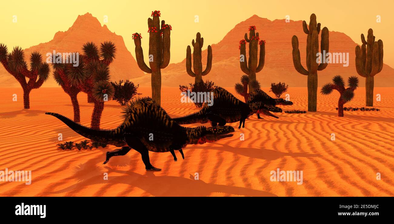 Three Arizonasaurus dinosaurs go hunting for prey at sunset in the ...