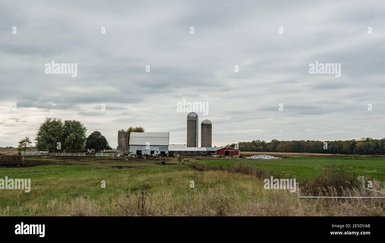 An agricultural background of a dairy farm in rural Wisconsin ...