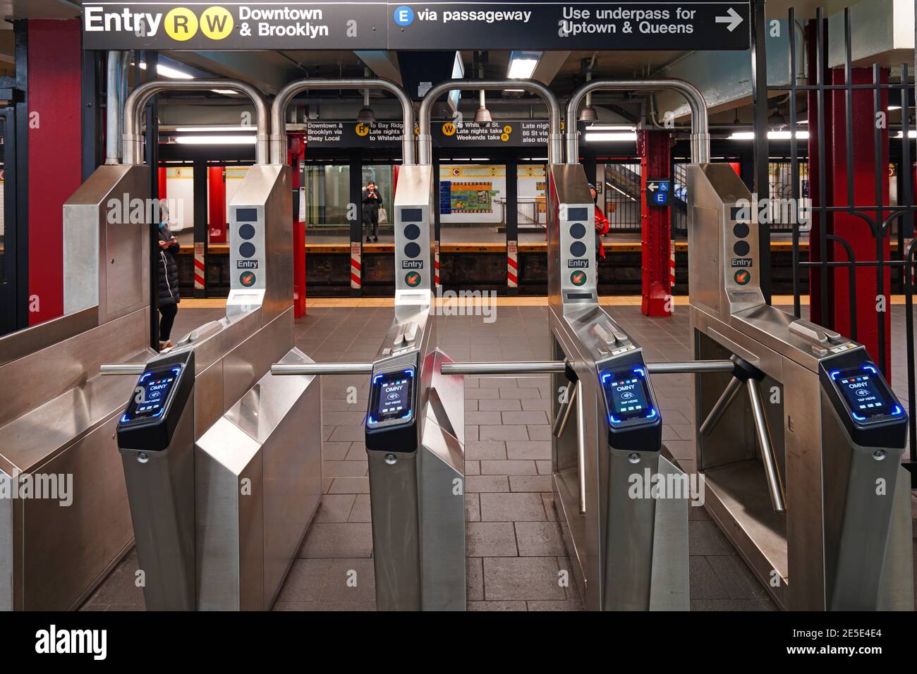 NEW YORK CITY, NY -31 JAN 2020- View of turnstiles at the entrance of a ...
