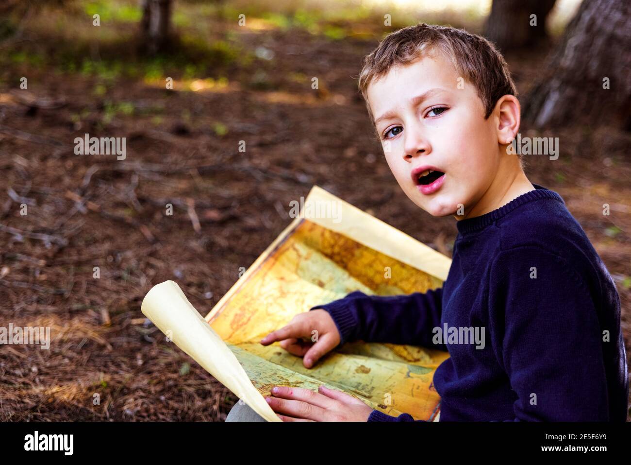 A clever boy searches an ancient map for something buried in a forest ...