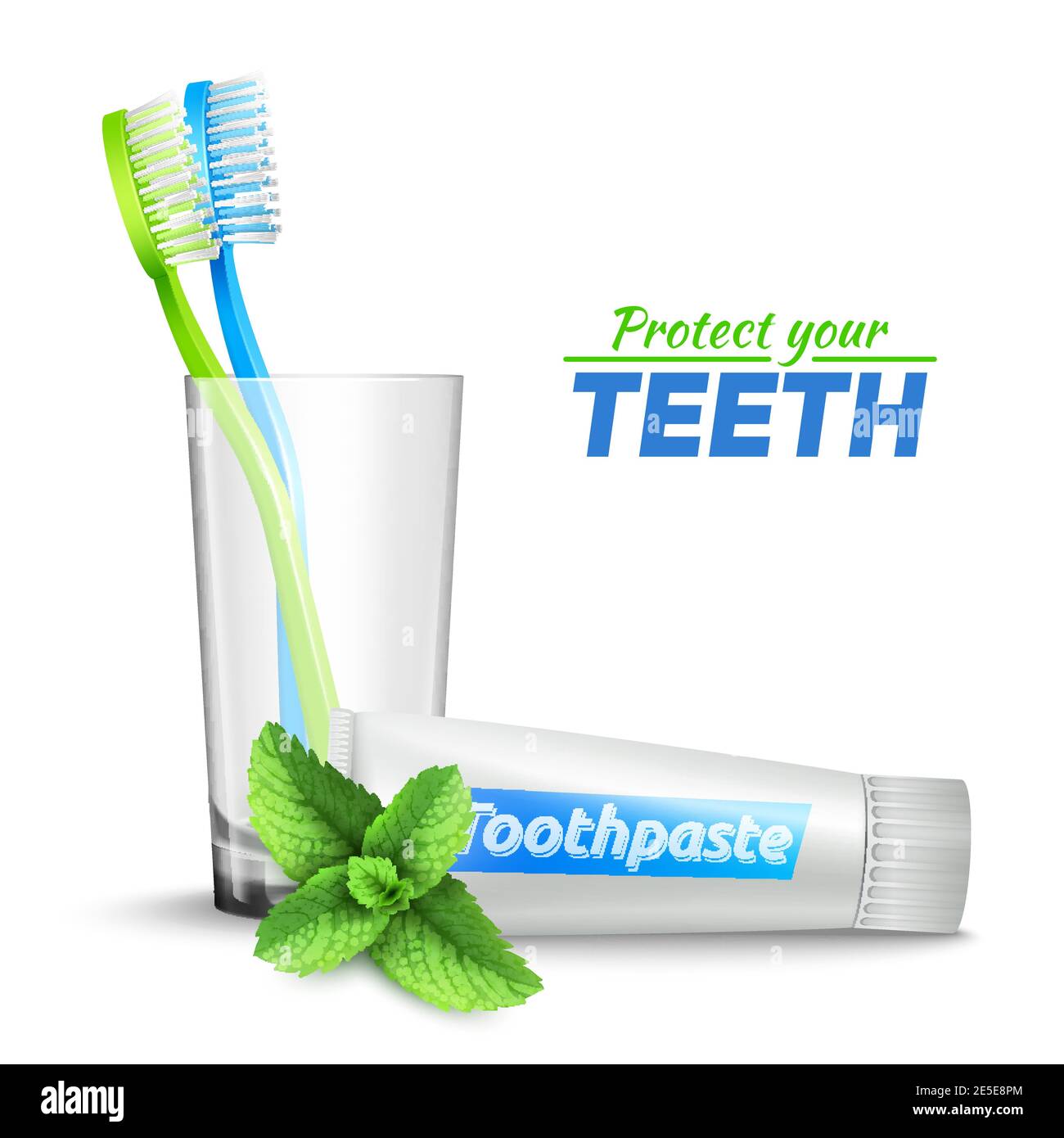 Design concept set with toothbrushes in glass and mint toothpaste ...