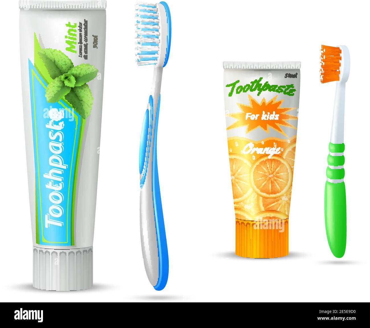 Design icons set of toothpaste tubes and toothbrushs for kids and ...