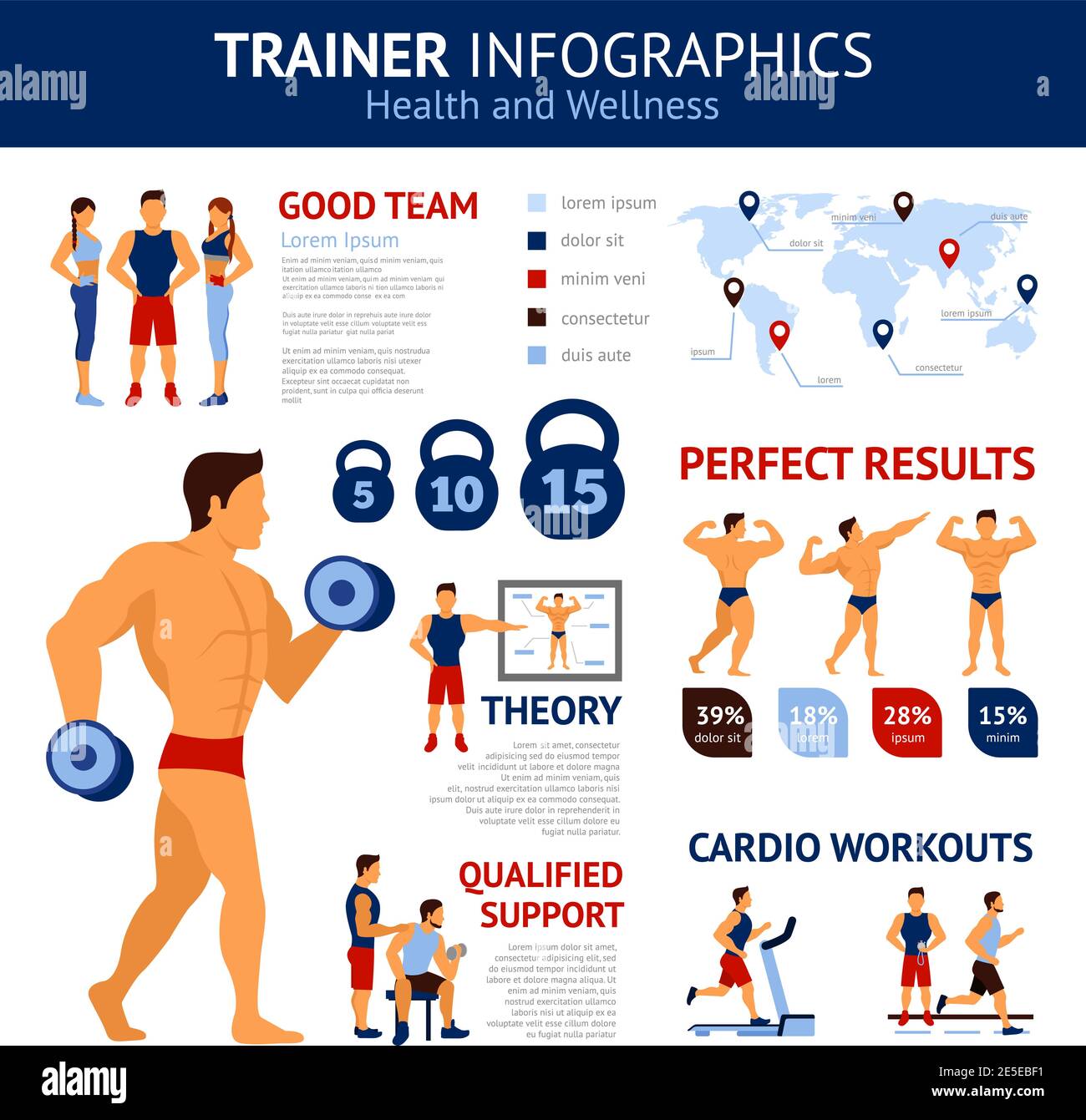 Trainer infographics set with sport workout symbols and world map ...