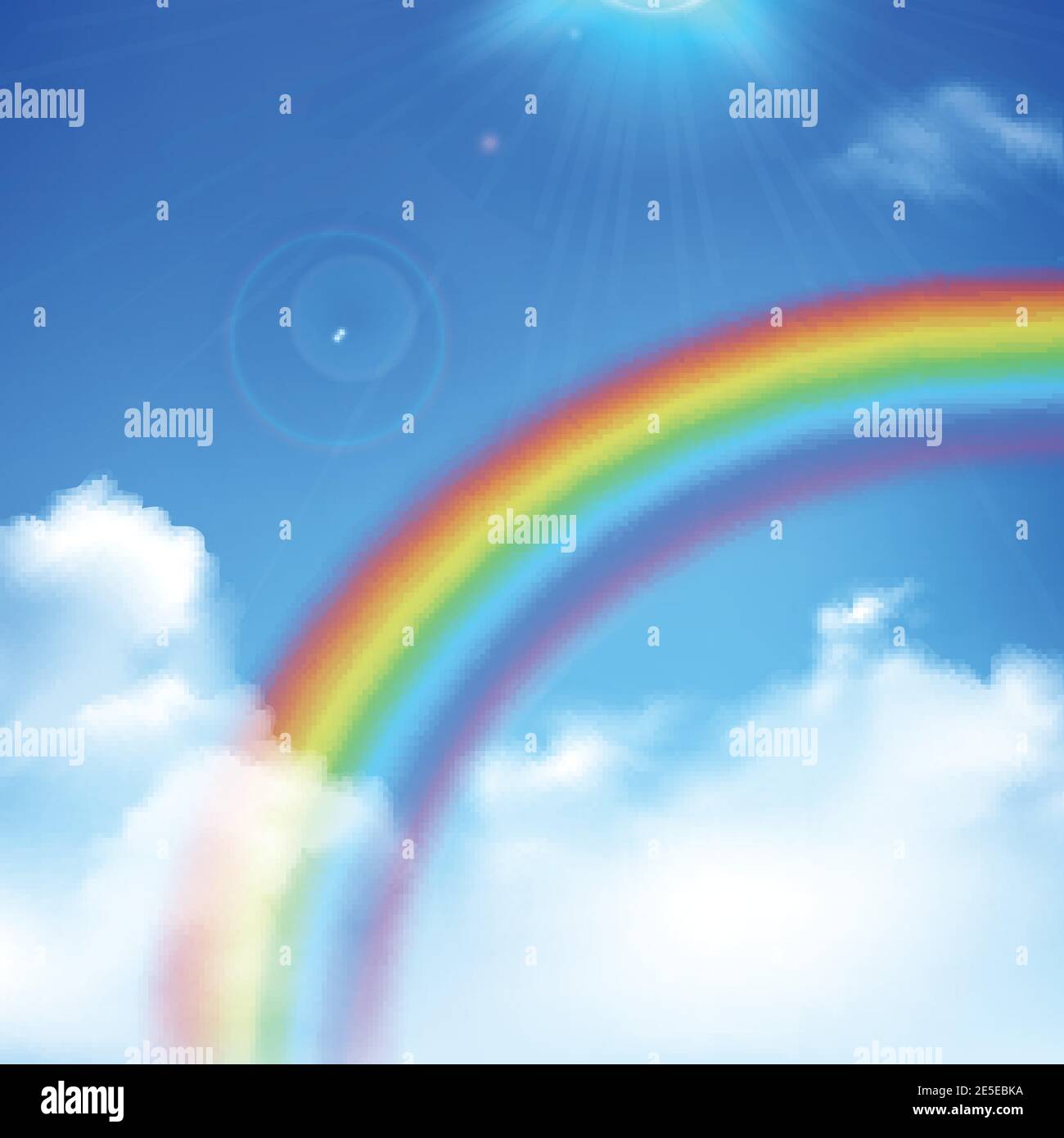 Rainbow and sun rays realistic background with clouds and blue sky ...