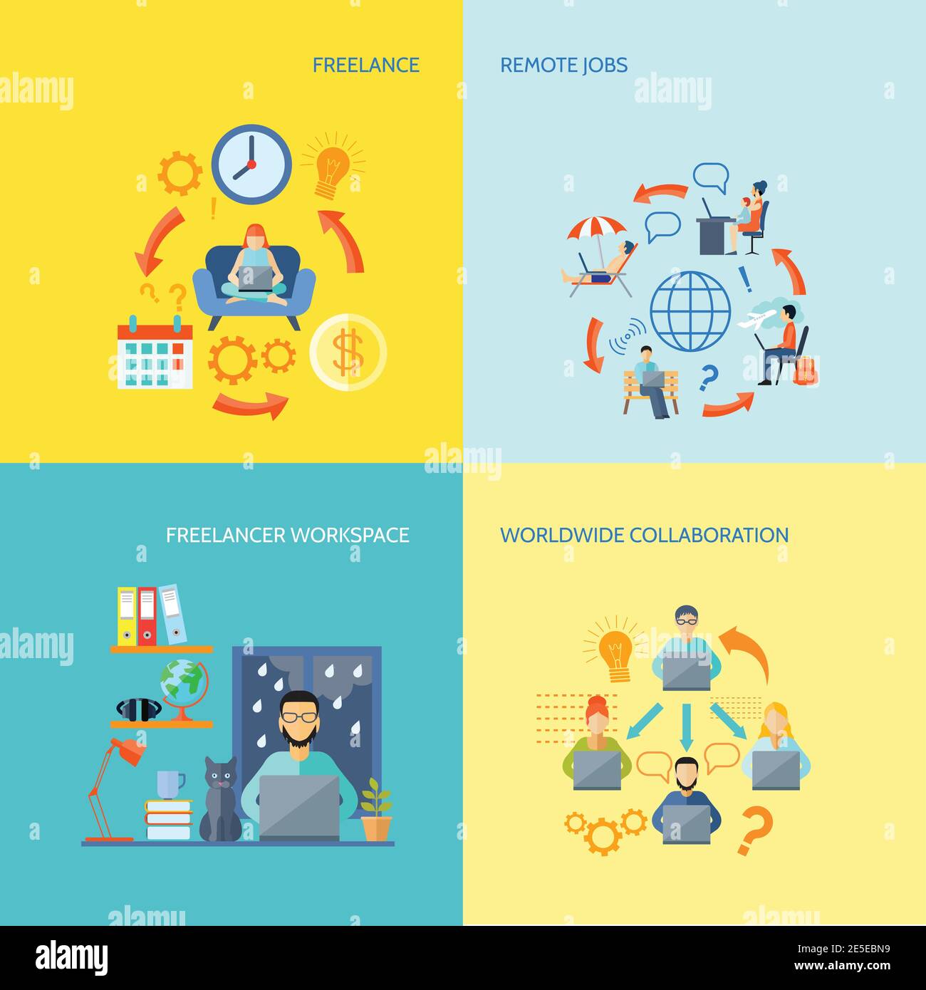 Freelancer workspace worldwide collaboration and remote jobs flat color ...