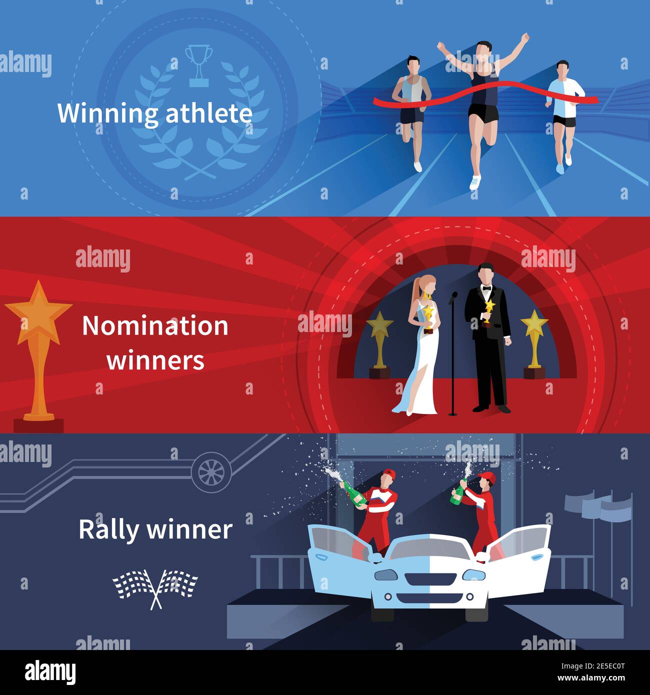 Sports and nomination winners horizontal banners set with rally and ...