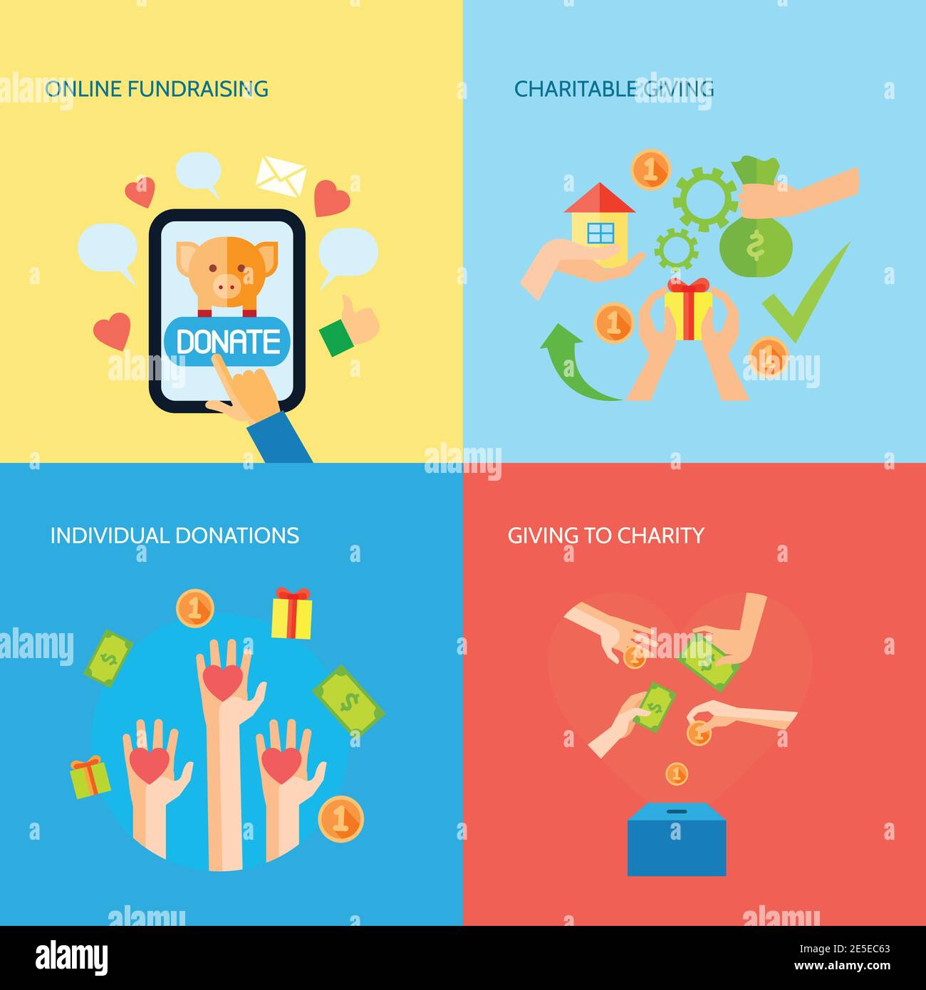 Funds raising and donation online 4 flat icons square composition ...
