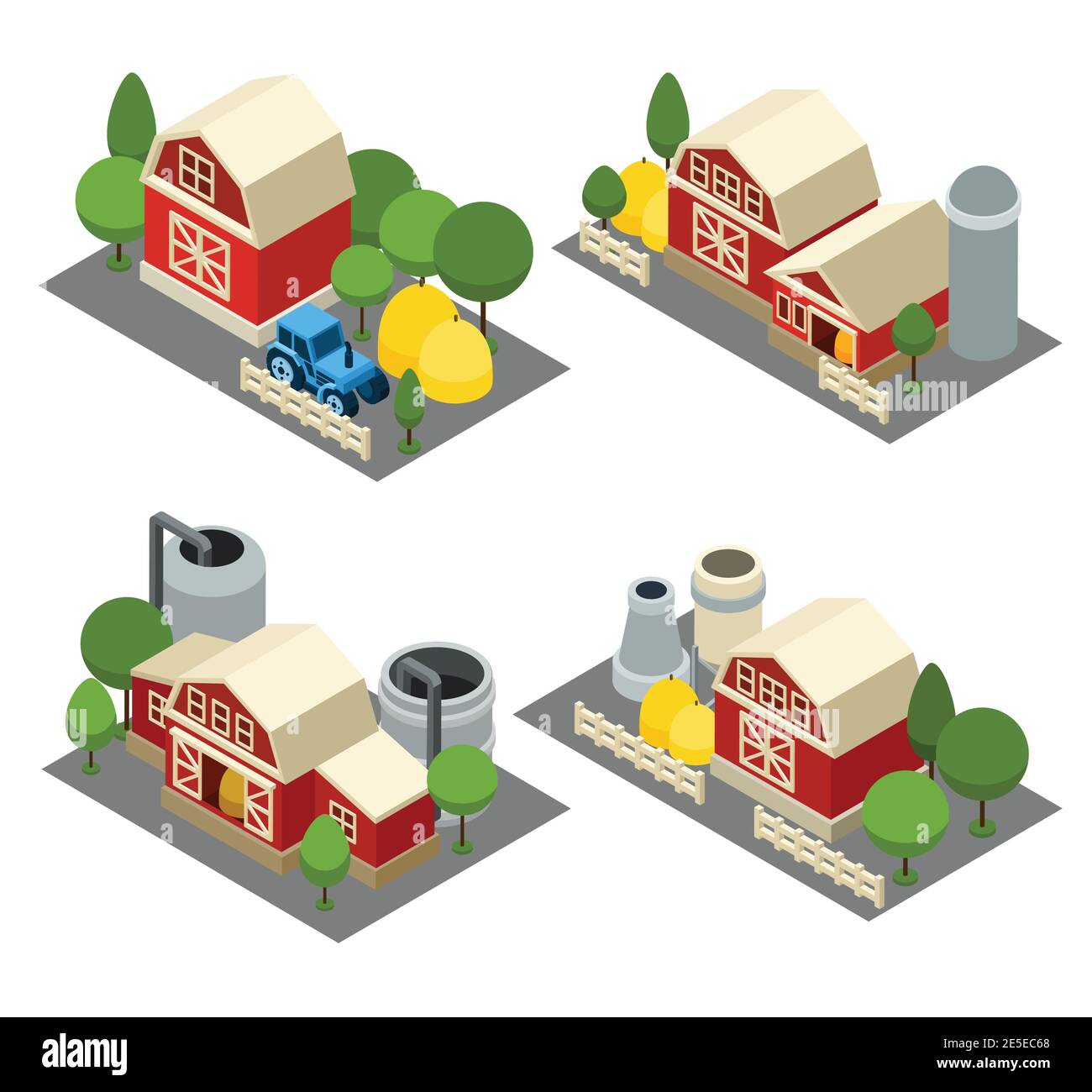 Farm building isometric icons set with tractor house and trees isolated ...