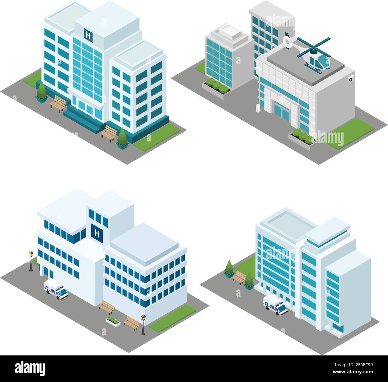 Hospital building isometric icons set with ambulance helicopter and ...
