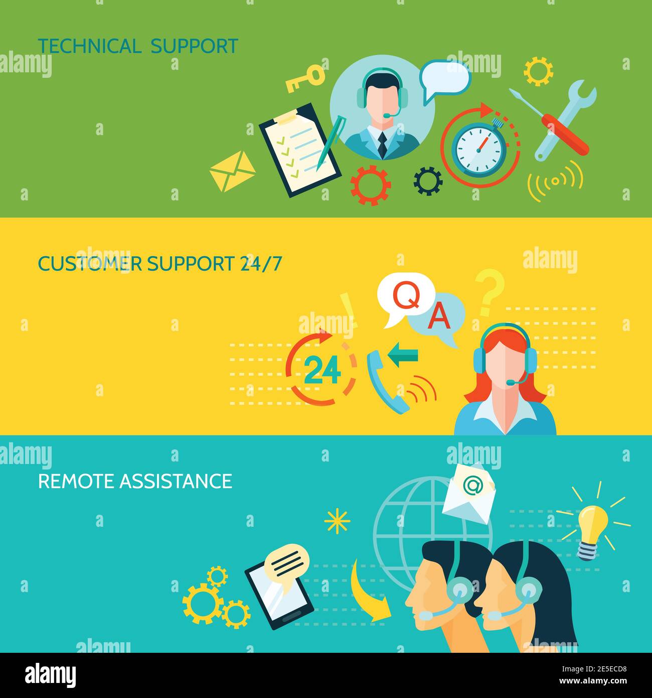 Customer support remote and technical assistance 3 horizontal flat ...