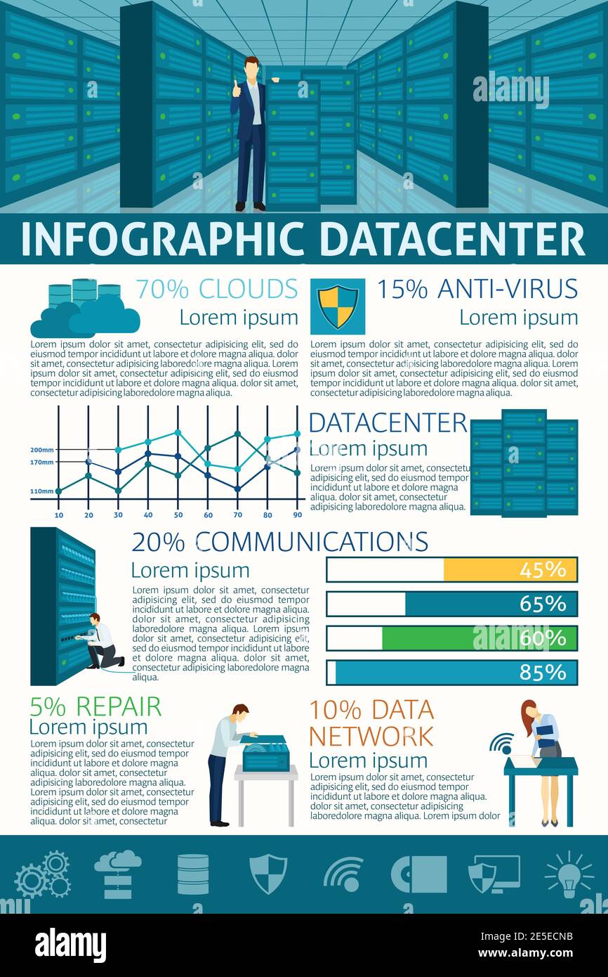 Datacenter infographics set with data servers symbols and charts vector ...