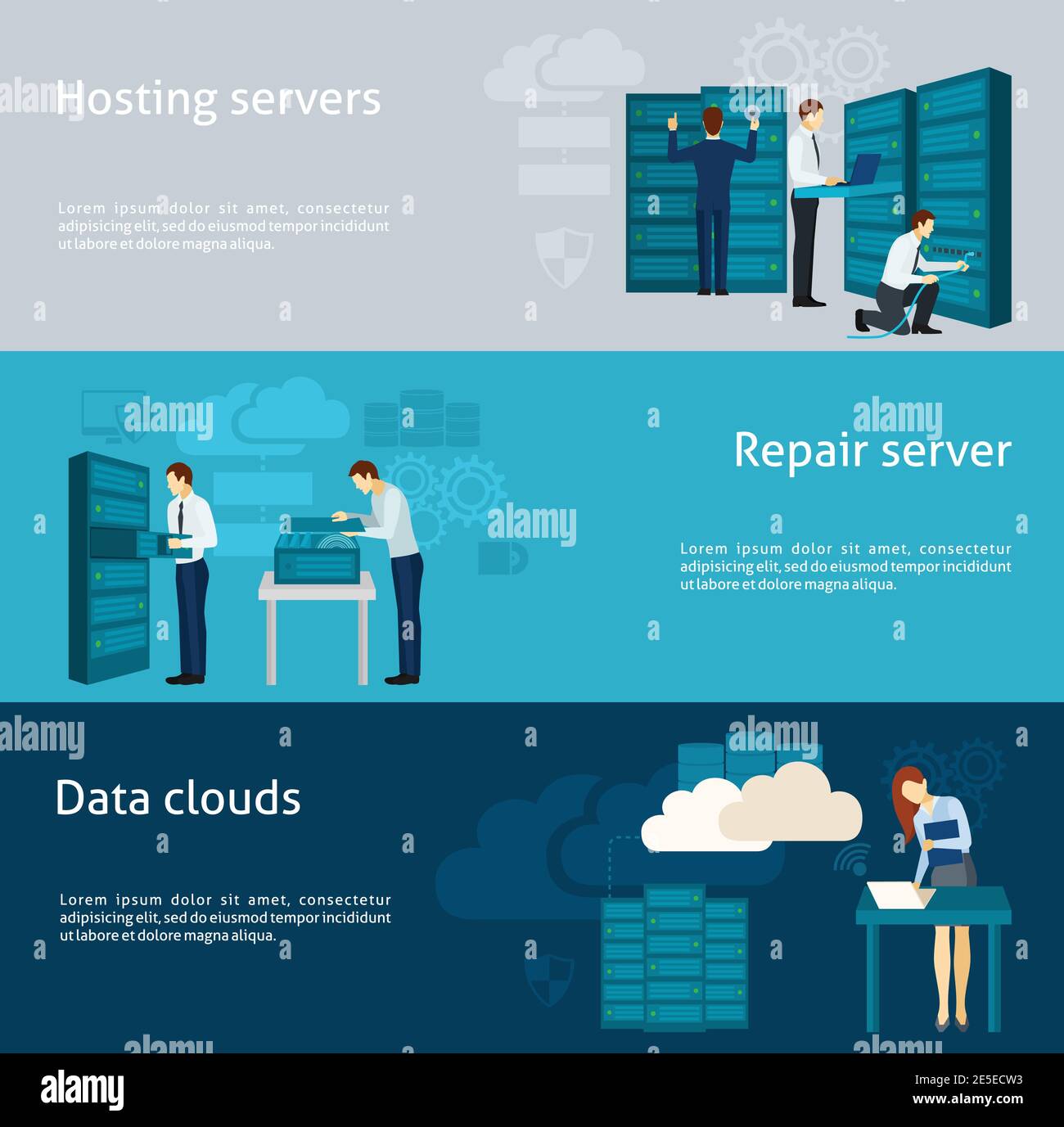 Datacenter horizontal banner set with hosting servers and data clouds ...