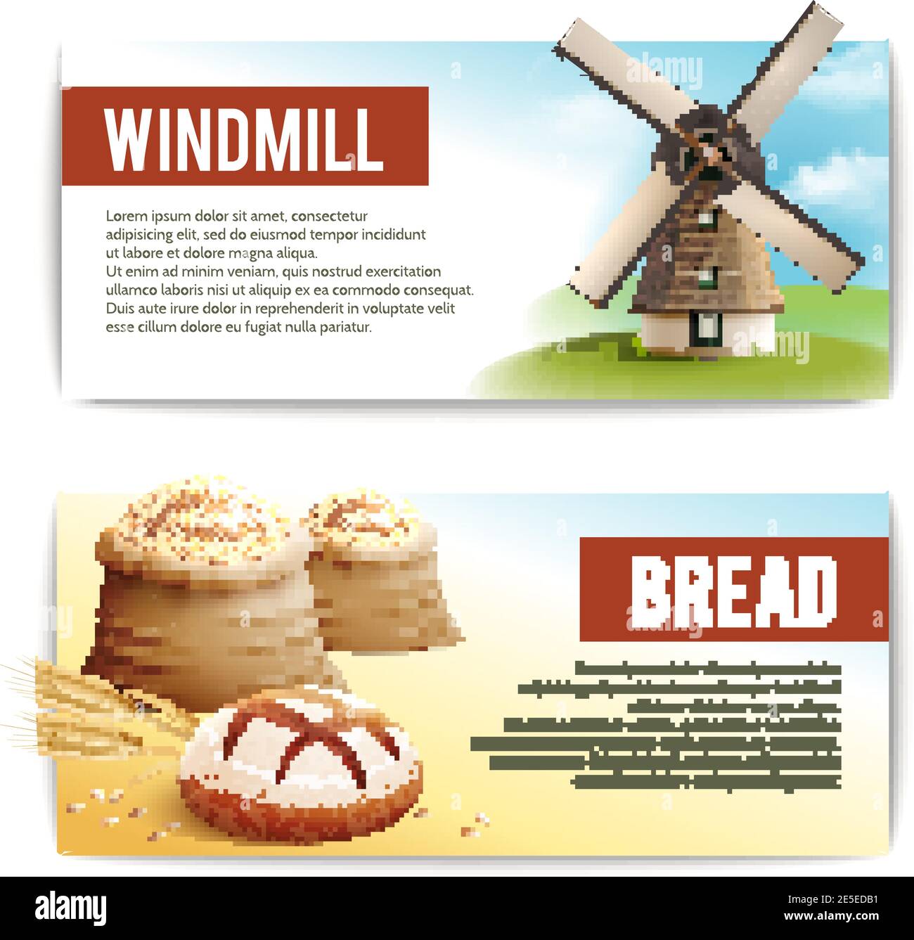 Bread horizontal banner set with with traditional windmill and wheat ...