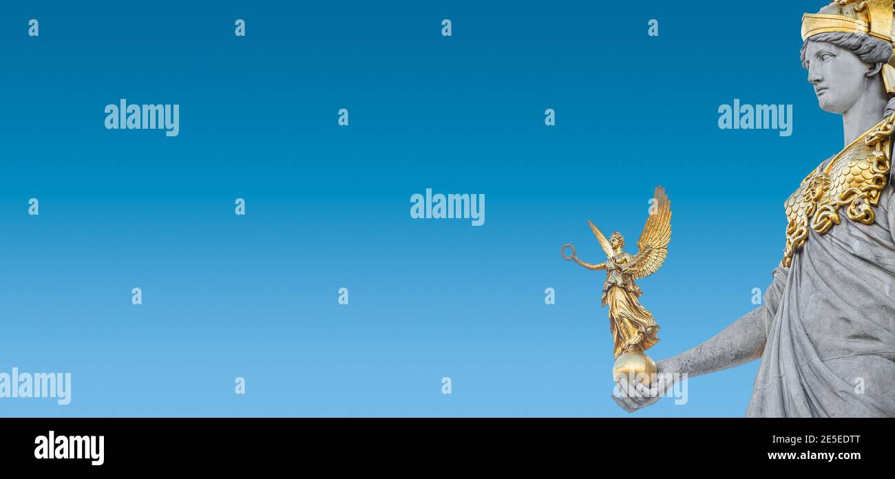 Banner with Athena statue at fountain (Pallas-Athene-Brunnen) in front ...
