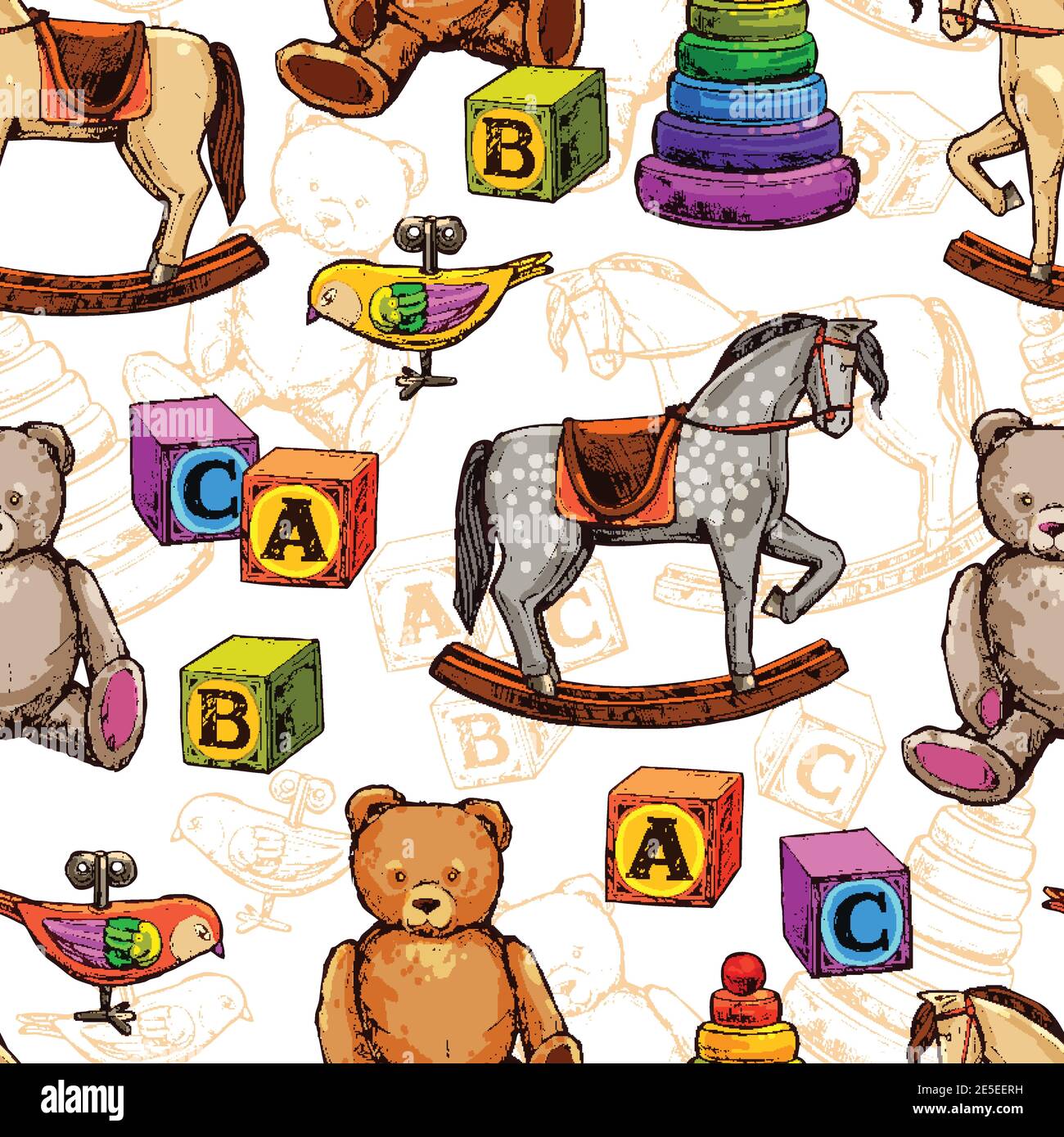 Vintage toy seamless pattern with sketch rocking horse teddy bear and ...
