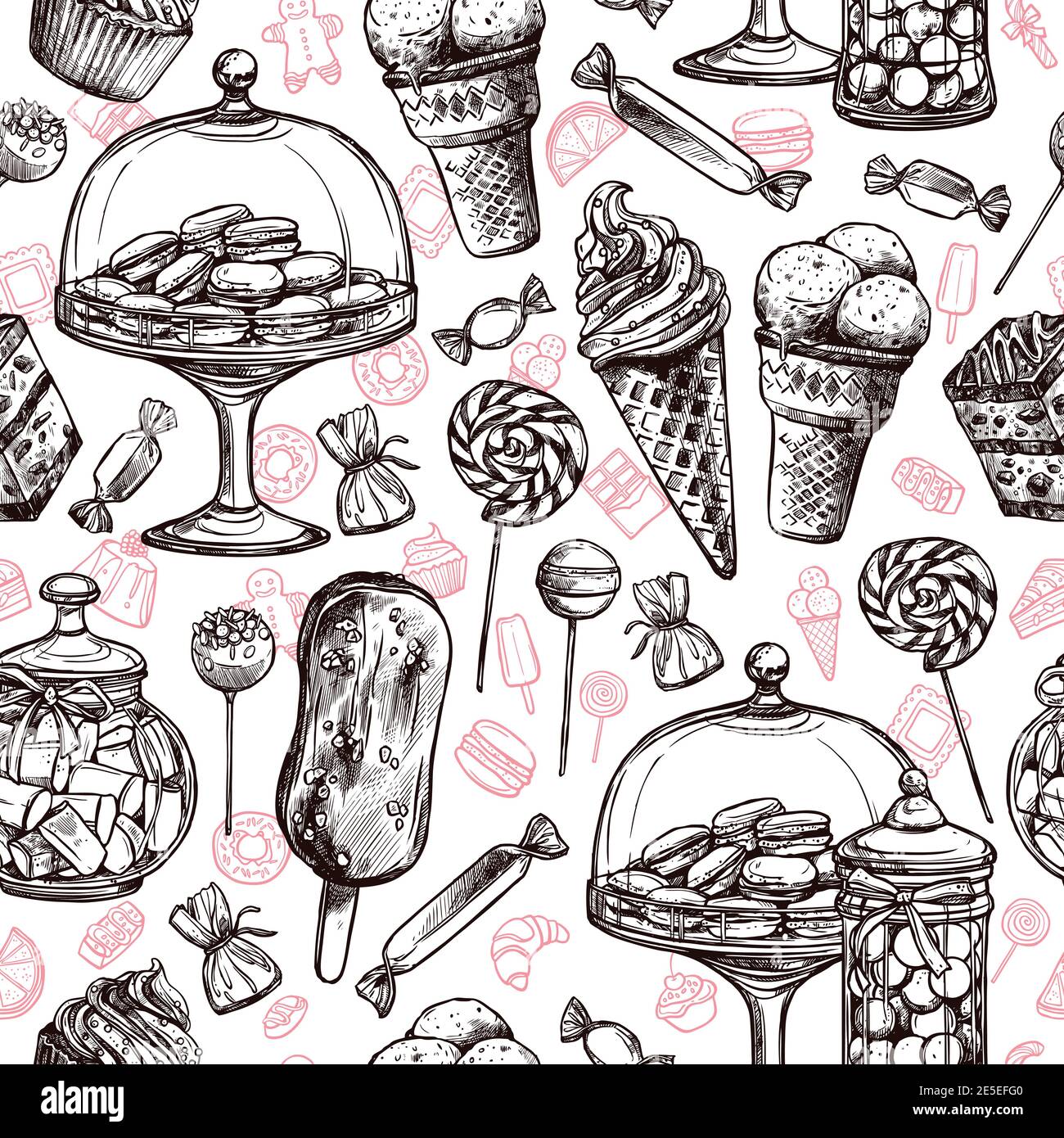 Sweets seamless pattern with hand drawn cakes chocolate candies vector ...
