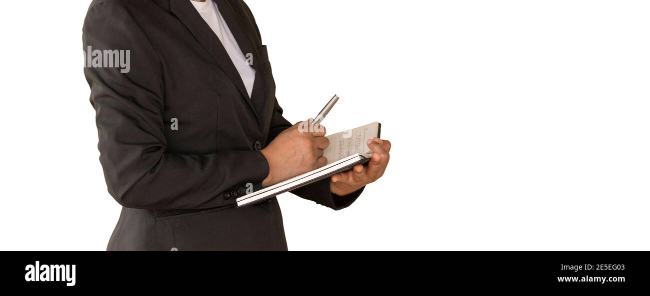 Business woman holding notebook isolated on white background Stock ...