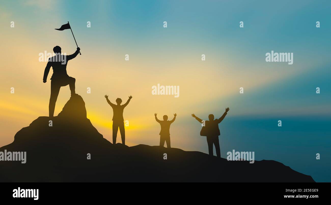 Group of people on mountains top in winner pose. Teamwork Concept Stock ...