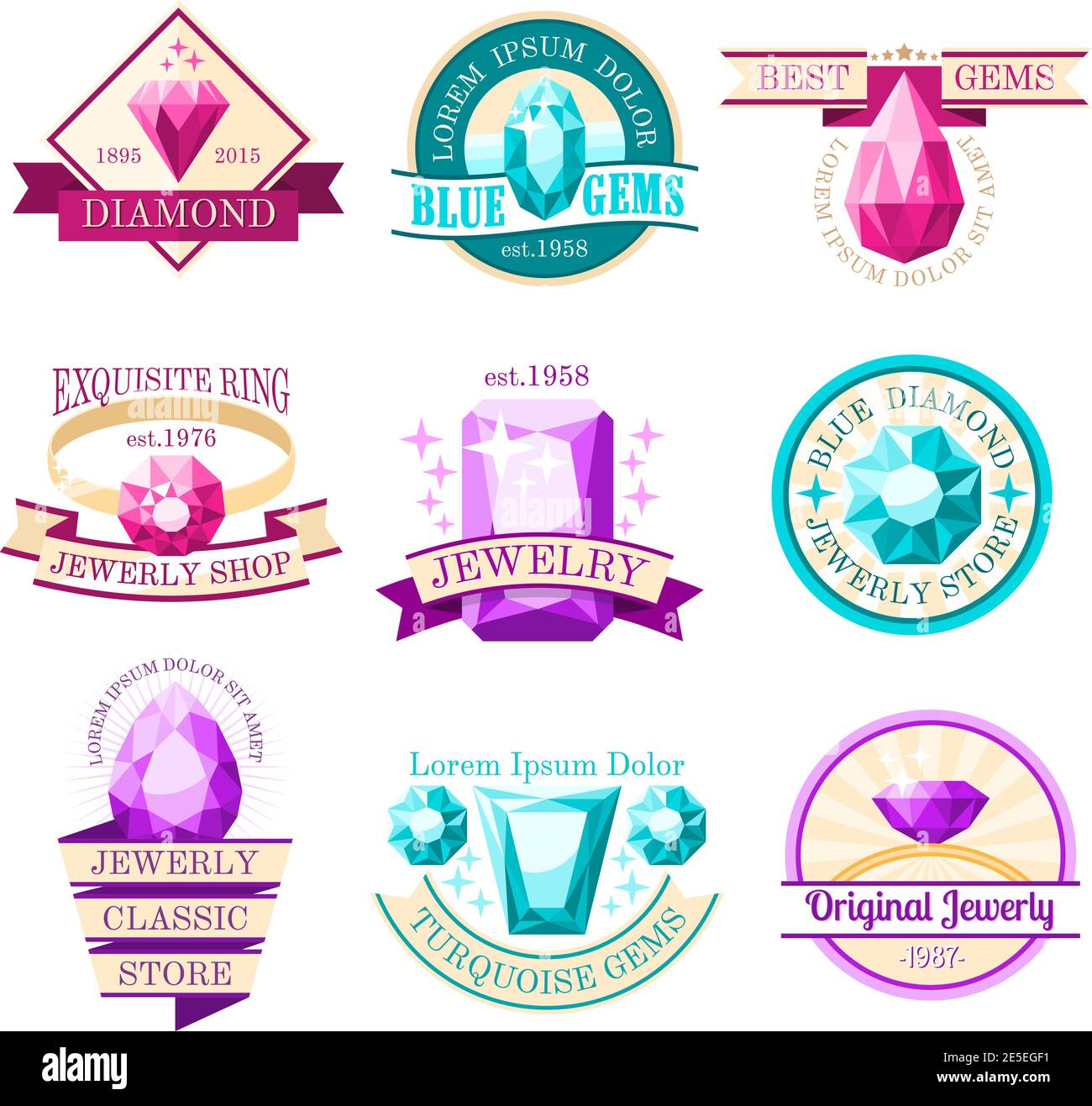 Jewel emblems set with jewelry store and original jewelry symbols flat ...