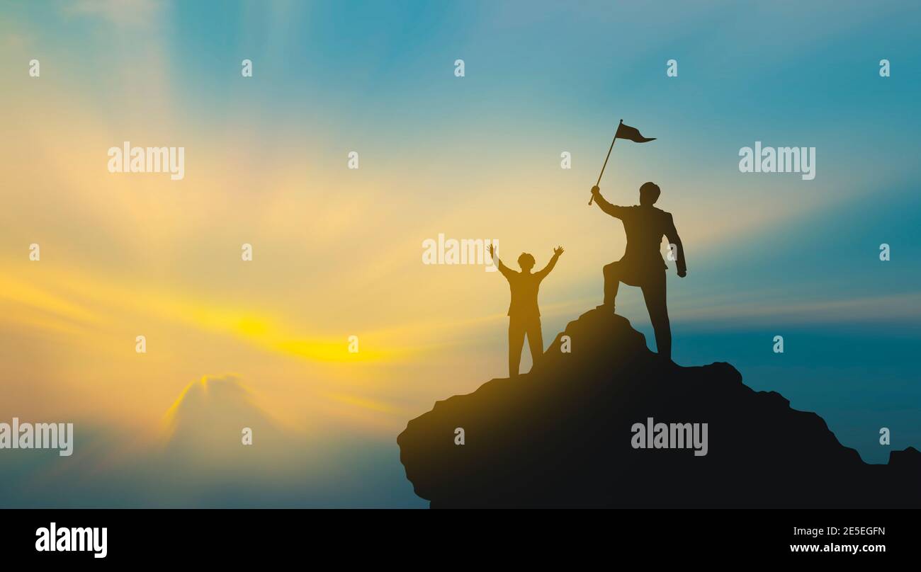 Group of people on mountains top in winner pose. Teamwork Concept Stock ...