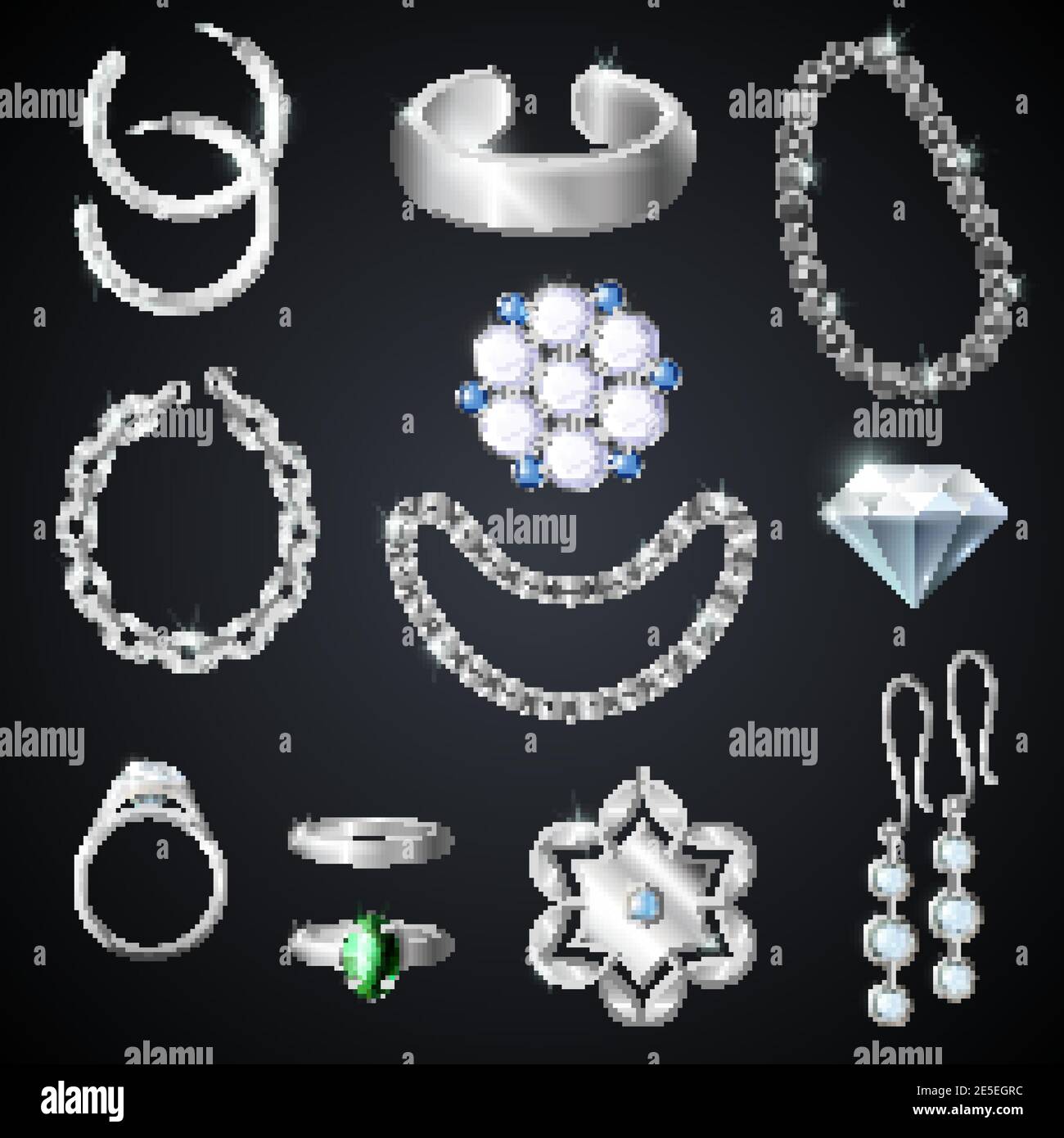 Jewelry silver realistic set on black background isolated vector ...