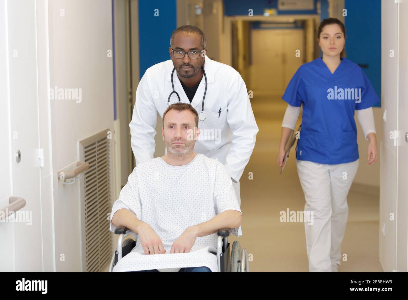 doctor pushing male patient in wheelchair Stock Photo - Alamy