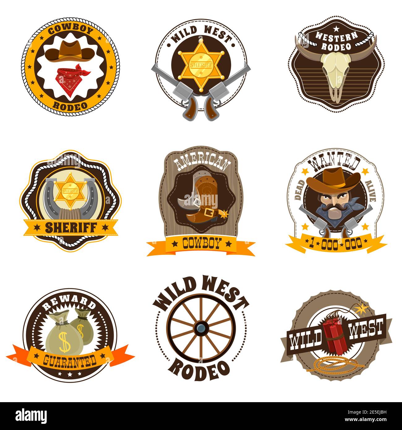 Cowboy cartoon labels set with Wild West and rodeo symbols isolated ...
