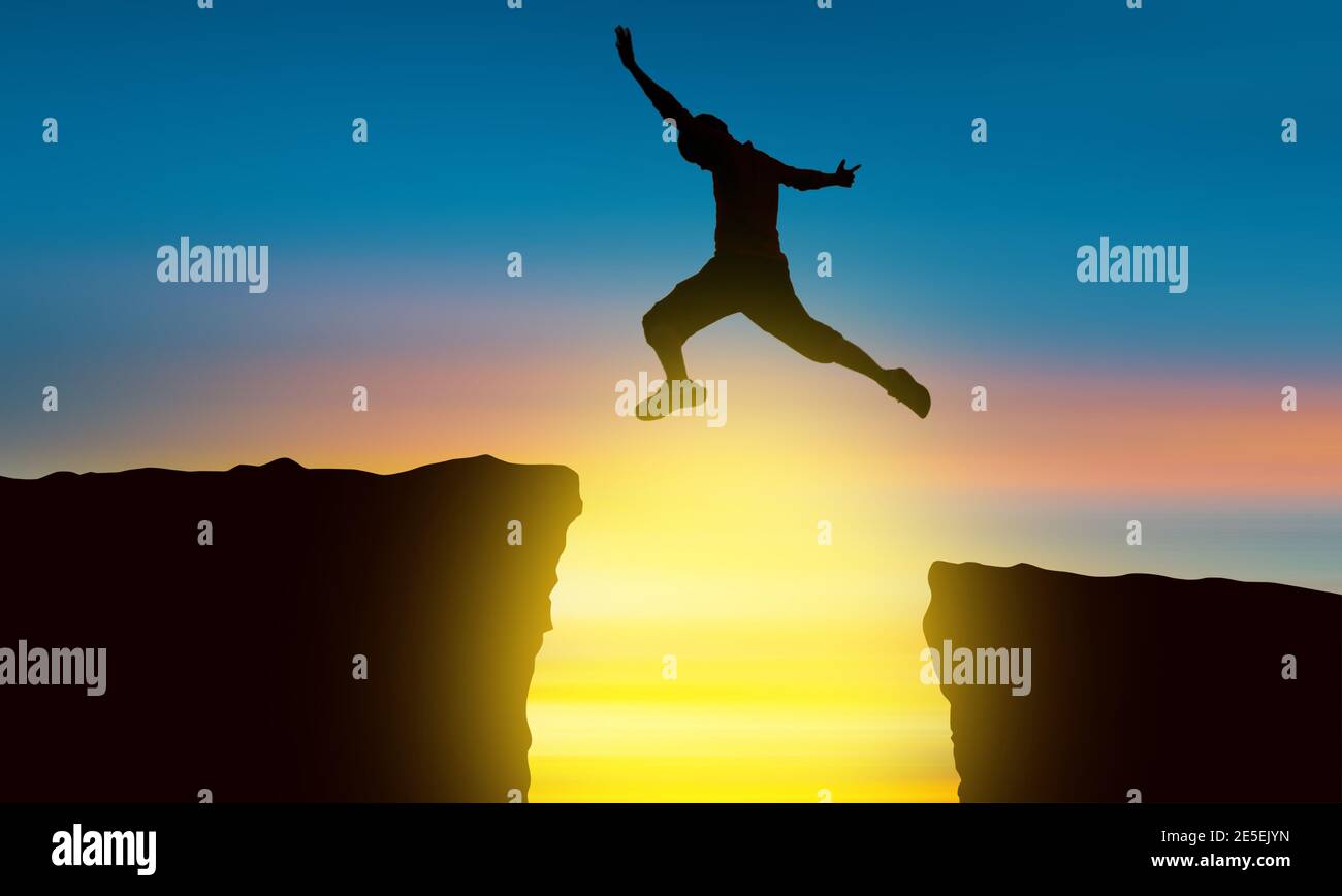 Silhouette man jumping victory success hi-res stock photography and ...